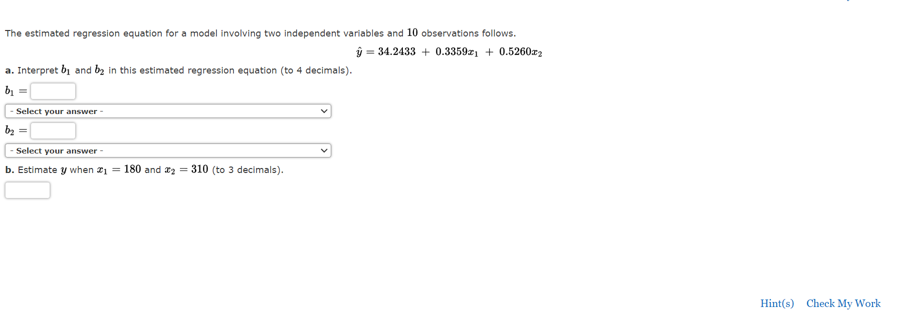 The estimated regression equation for a model involving two independent ...