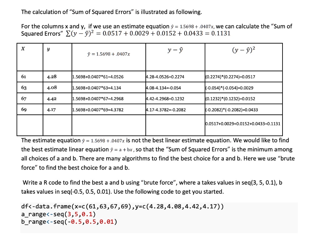 SOLVED: The calculation of "Sum of Squared Errors" is illustrated as follows: For the columns x ...