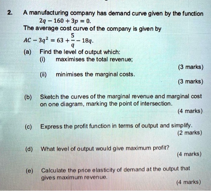 SOLVED: A manufacturing company has a demand curve given by the ...