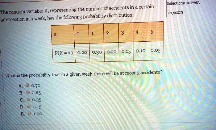 SOLVED: Select one answer: The random variable X,representing the number of accidents in a ...