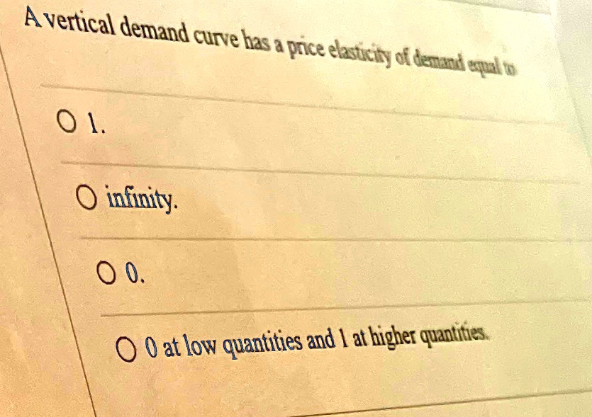 SOLVED: A vertical demand curve has a price elasticity of demand equal to: - infinity at low ...