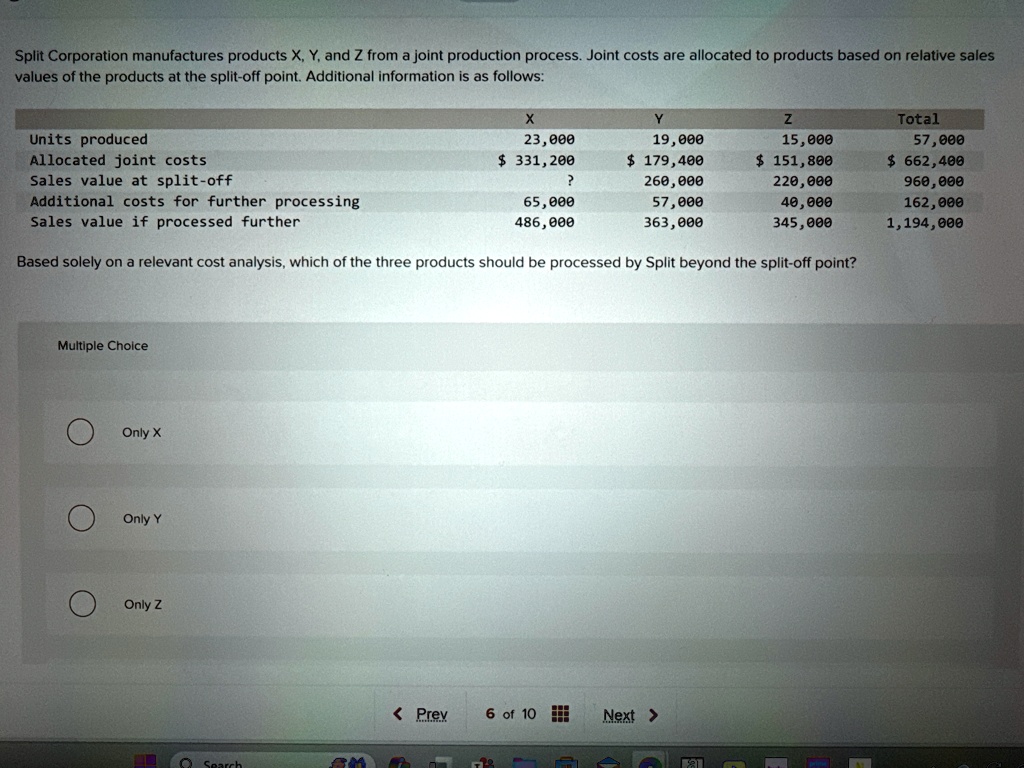 SOLVED: Split Corporation manufactures products x,Y, and Z from a joint ...