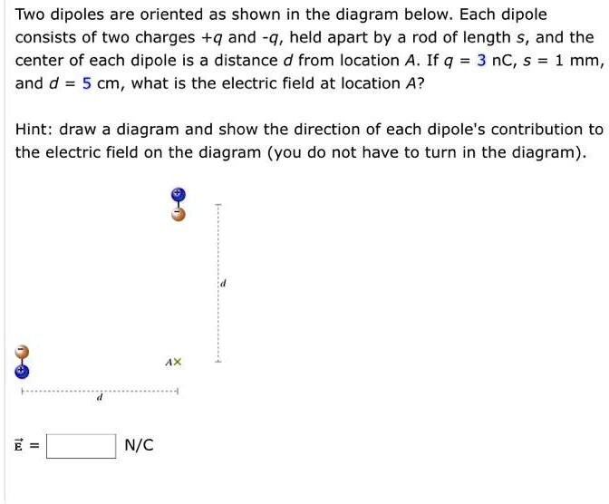 Two dipoles are oriented as shown in the diagram below: Each dipole ...