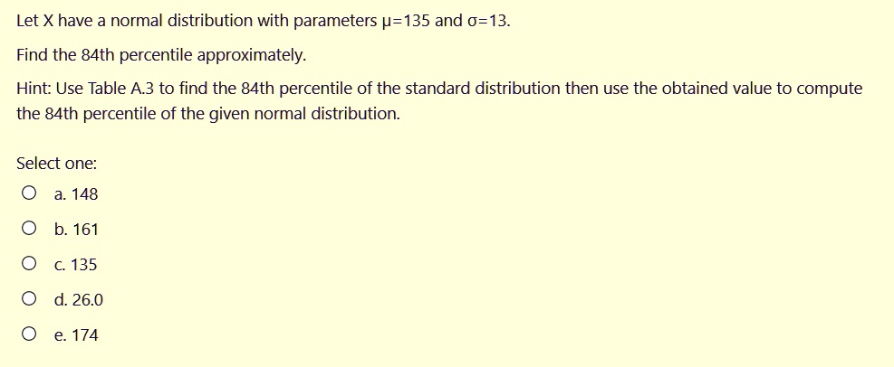 SOLVED: Let X have a normal distribution with parameters [=135 and 0=13 ...