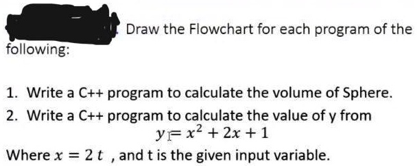following: Draw the Flowchart for each program of the 1. Write a C++ ...