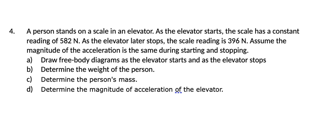 SOLVED: A person stands on a scale in an elevator: As the elevator ...