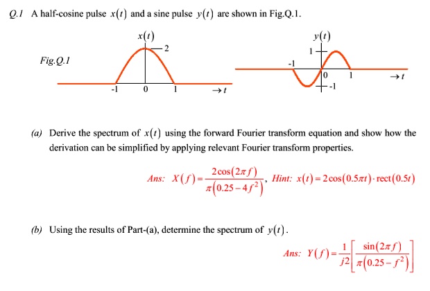 SOLVED: A half-cosine pulse x(t) and a sine pulse y(t) are shown in Fig.Q.1. Fig.Q.1 (a) Derive ...
