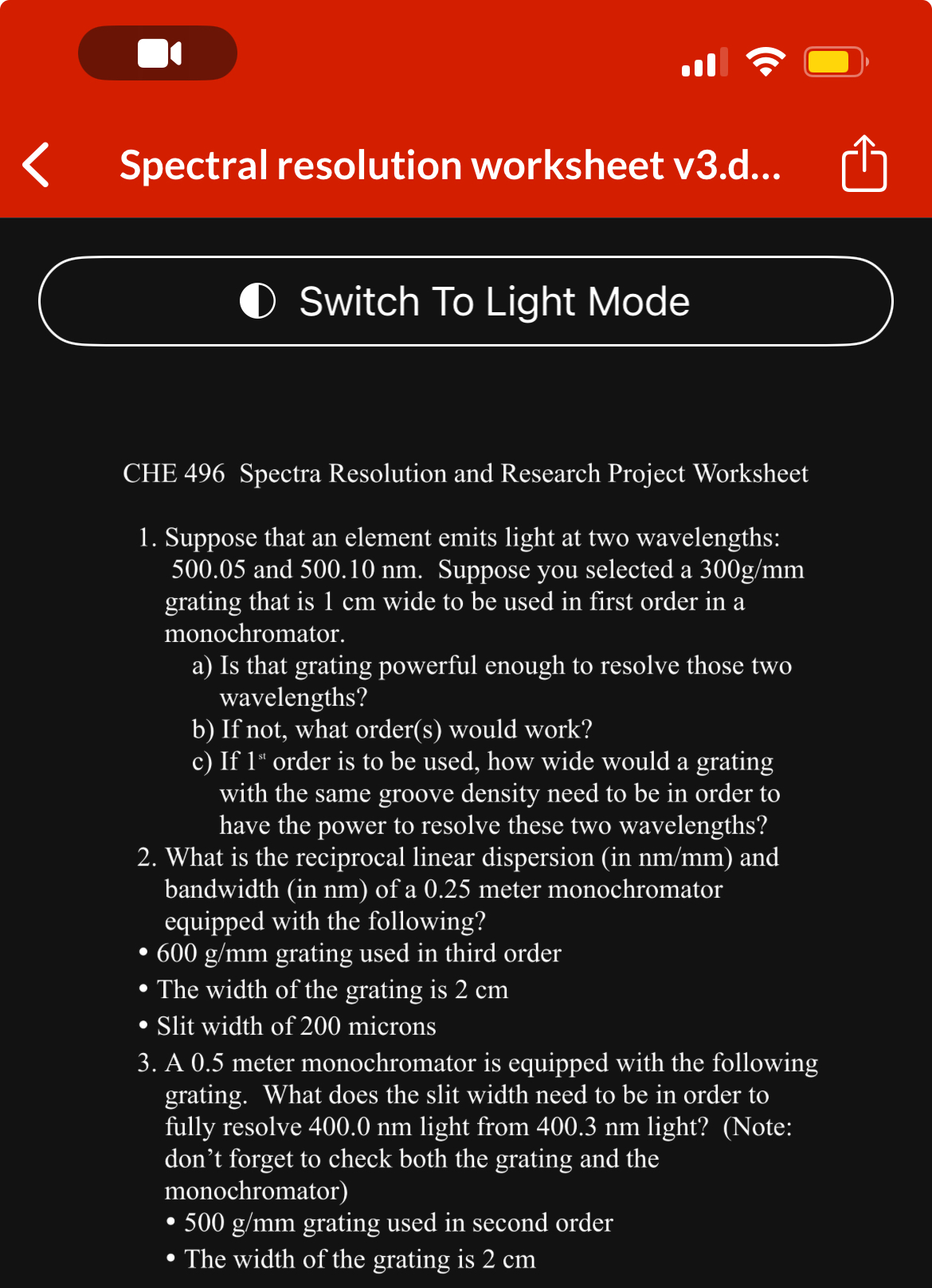 SOLVED: Spectral resolution worksheet v3.d... (1) Switch To Light Mode ...
