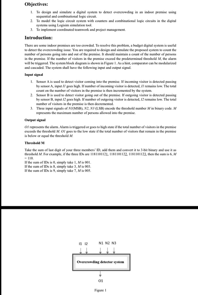 SOLVED: Texts: Objectives: 1. To design and simulate a digital system to detect overcrowding in ...