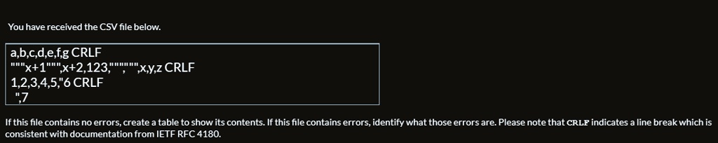 You have received the CSV file below: a, b, c, d, e, f, g 1, 2, 3, 4, 5 ...