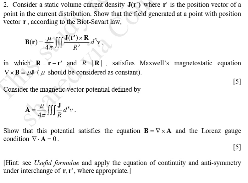 SOLVED: Consider a static volume current density J(r') where r' is the ...
