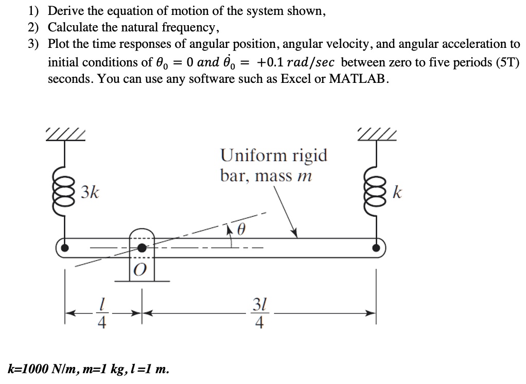 1) Derive the equation of motion of the system shown, 2) Calculate the natural frequency, 3 ...