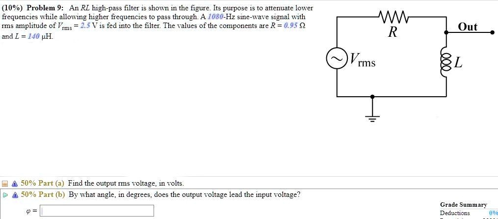 (10%) Problem 9: An RL high-pass filter is shown in the figure. Its purpose is to attenuate ...