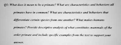 SOLVED: Q1: What does it mean to be a primate? What are characteristics ...