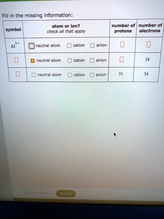 SOLVED: Fill in the missing information: atom or ion? check all that apply number of protons ...