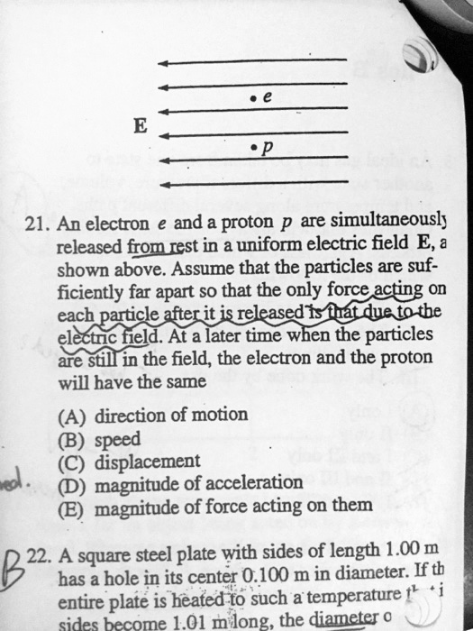 SOLVED: An electron E and a proton P are simultaneously released from rest in a uniform electric ...