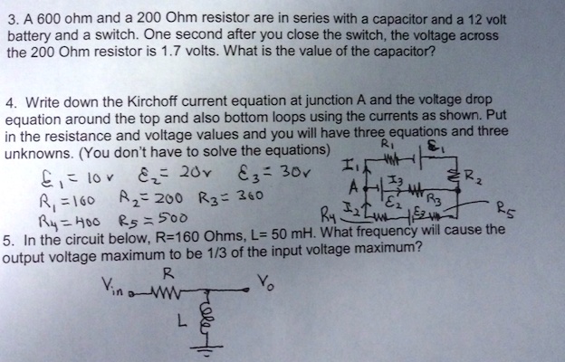 SOLVED: A 600 ohm and a 200 Ohm resistor are in series with a capacitor and a 12-volt battery ...