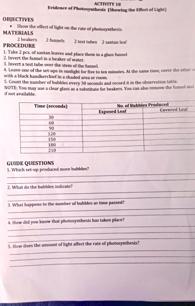 OBJECTIVES ACTIVITY 18 Evidence of Photosynthesis (Showing the Effect ...