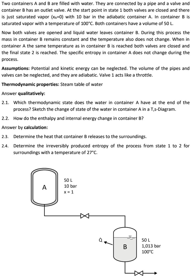 Two containers A and B are filled with water. They are connected by a pipe and a valve and ...