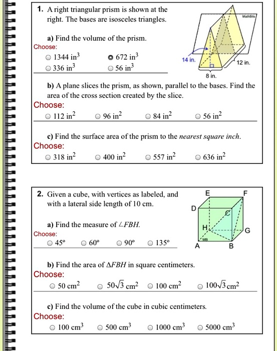 SOLVED: 1. Aright triangular prism is shown at the right: The bases are ...