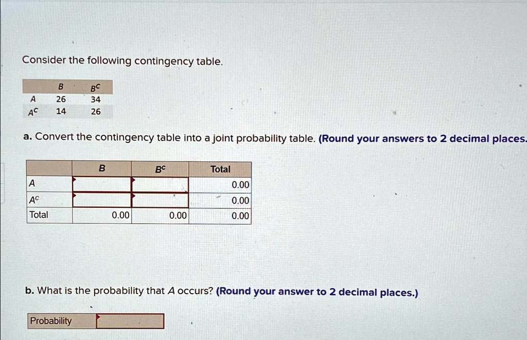 SOLVED: Consider the following contingency table. able[[,B,B^(C ... SOLVED: Consider the following contingency table. able[[,B,B^(C ...