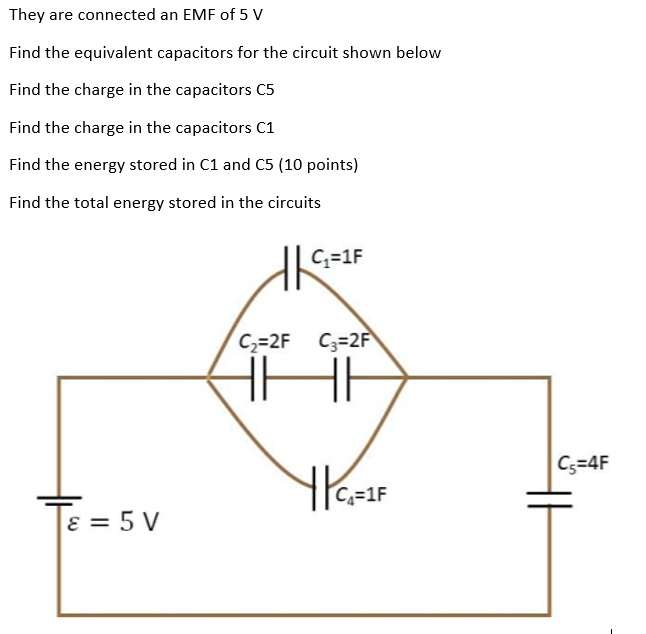 SOLVED: They are connected an EMF of 5 V Find the equivalent capacitors for the circuit shown ...