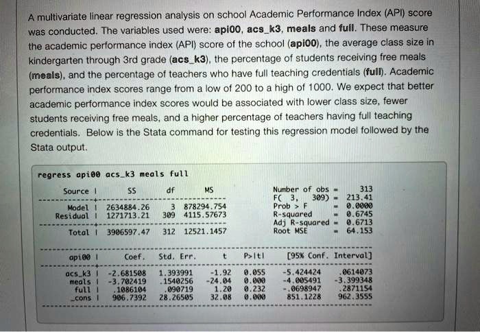 SOLVED: A multivariate linear regression analysis on school Academic ...