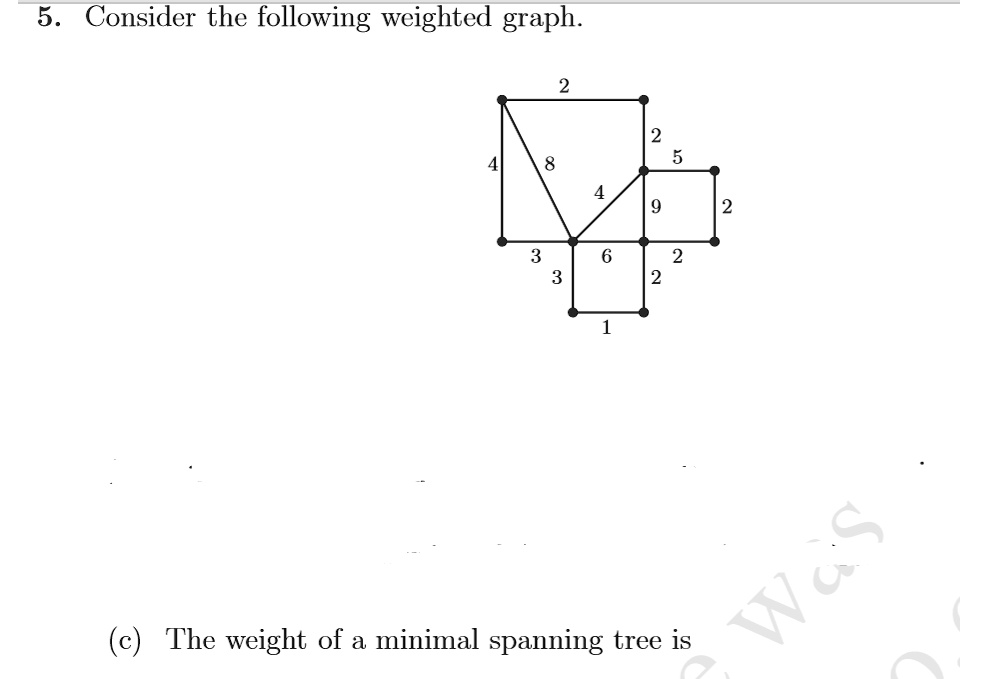 SOLVED: 5 Consider the following weighted graph. Wc:S The weight of a minimal spanning tree is
