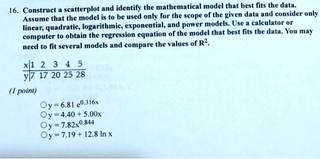 SOLVED: 16. Construct scatterplot and identify the mathematical model that best fits the data ...