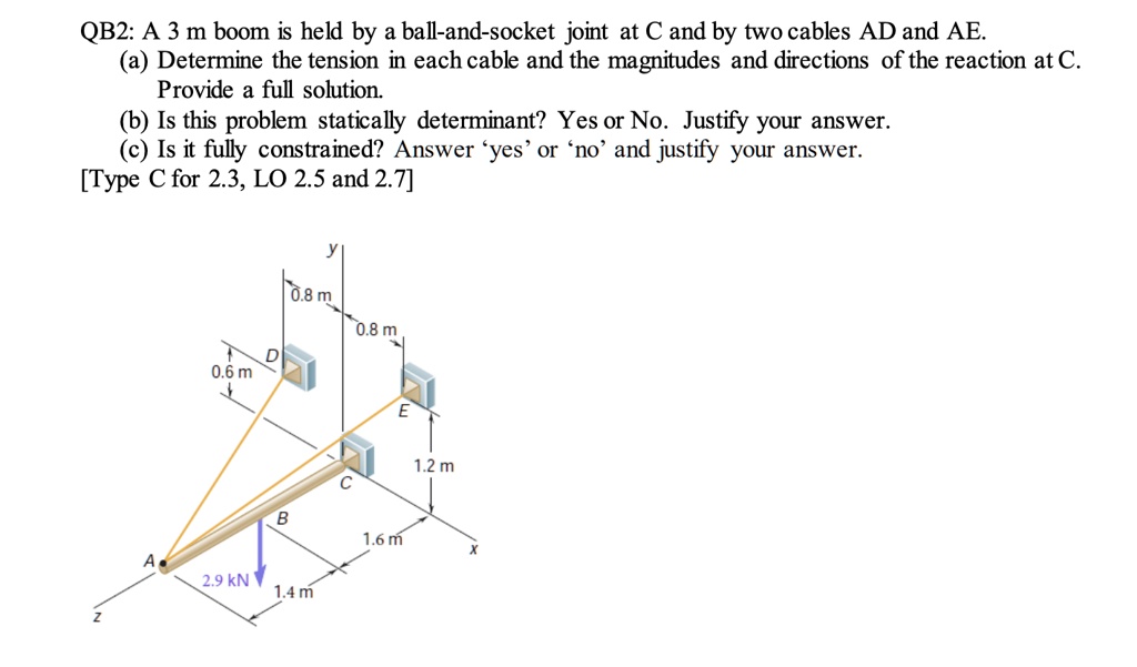 SOLVED: A 3 m boom is held by a ball-and-socket joint at C and by two ...