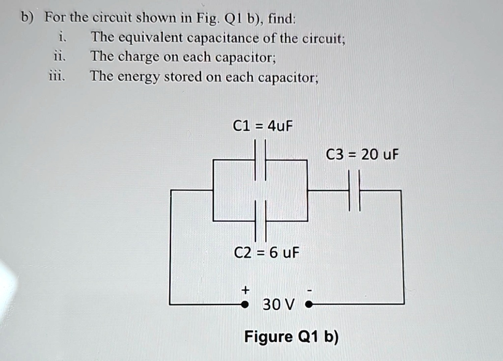 SOLVED: b) For the circuit shown in Fig. Q1 b), find: i. ii. iii. The equivalent capacitance of ...