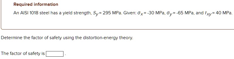 SOLVED: Required information Determine the factor of safety using the ...