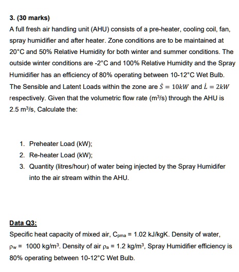 SOLVED: A full fresh air handling unit (AHU) consists of a pre-heater ...