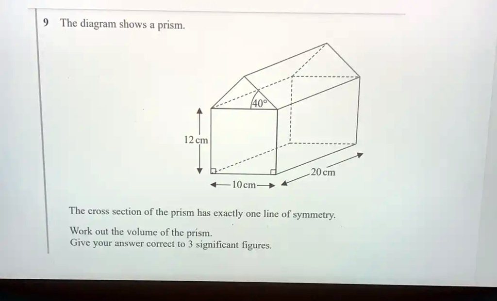 SOLVED: The diagram shows a prism: (408) 12 cm 20 cm 10 cm The cross ...