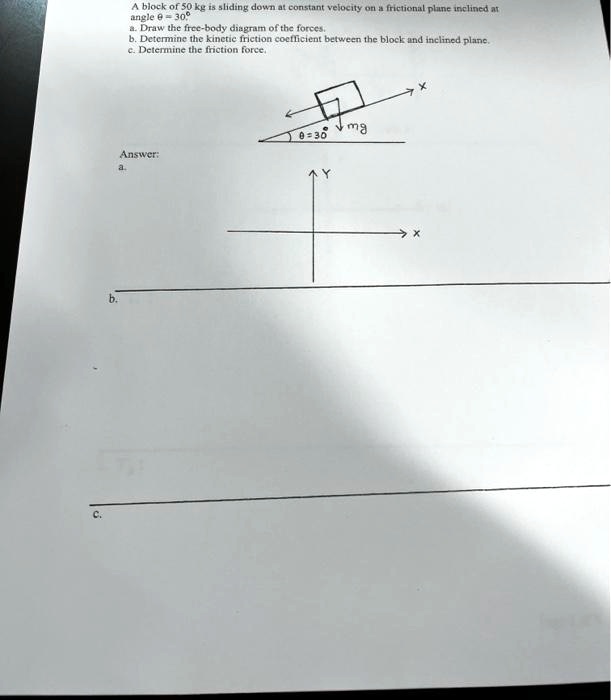 SOLVED: A block of 50 kg is sliding down at constant velocity on a frictional plane inclined at ...