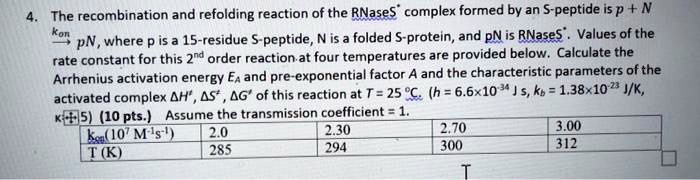 SOLVED: The recombination and refolding reaction of the RNaseS" complex ...