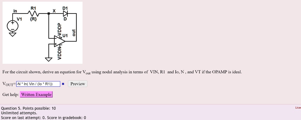 SOLVED: R1 in V V1 R D1 X VDDP 17 out For the circuit shown, derive an equation for Vout using ...