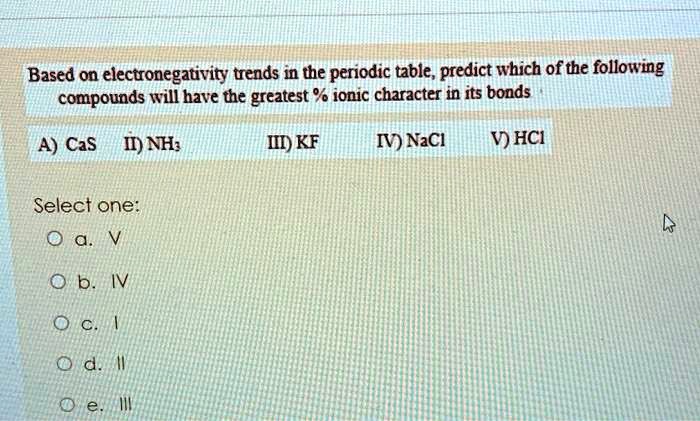 based on electronegativity trends in the periodic table predict which ...