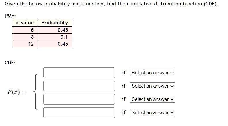 SOLVED: Given the below probability mass function, find the cumulative ...
