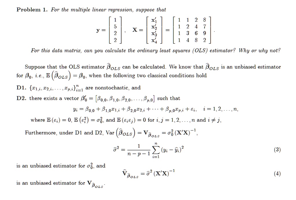 Solved Problem 1 For The Multiple Linear Regression Suppose That X2 X For This Data Matric 0963