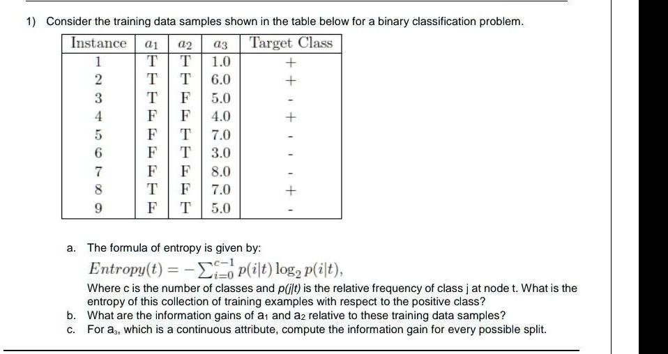 SOLVED: Consider the training data samples shown in the table below for a binary classification ...