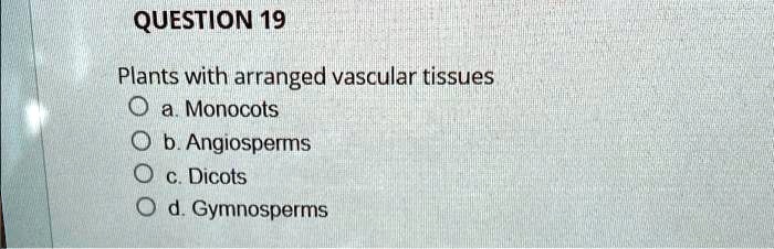 SOLVED: Plants with arranged vascular tissues: a. Monocots b ...