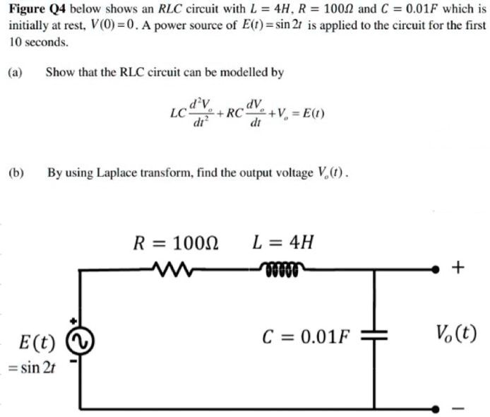 Figure Q4 below shows an RLC circuit with L = 4H, R = 100Ω and C = 0.01F which is initially at ...