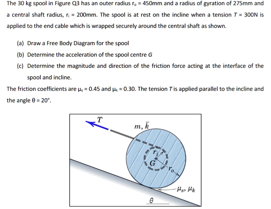 The 30 kg spool in Figure Q3 has an outer radius ro = 450mm and a ...