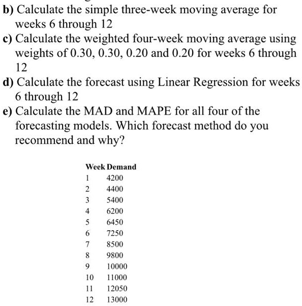 Solved B Calculate The Simple Three Week Moving Average For Weeks 6