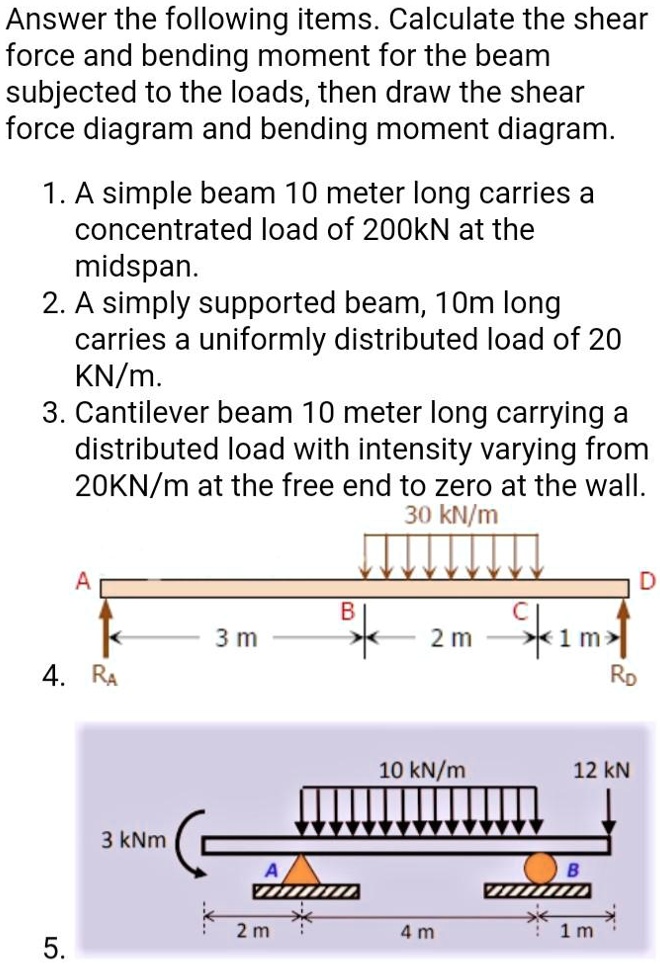 Answer the following items. Calculate the shear force and bending ...