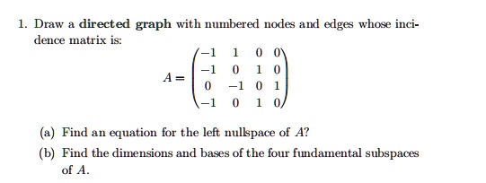 SOLVED:Draw directed graph with numbered nodes aml exlges whose inci- dence matrix is: 9 Find an ...