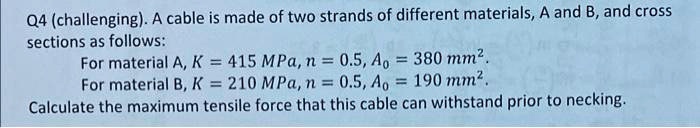 SOLVED: A cable is made of two strands of different materials, A and B ...