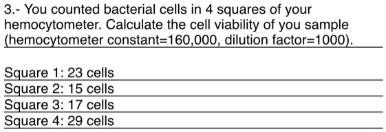 VIDEO solution: You counted bacterial cells in 4 squares of your hemocytometer: Calculate the ...