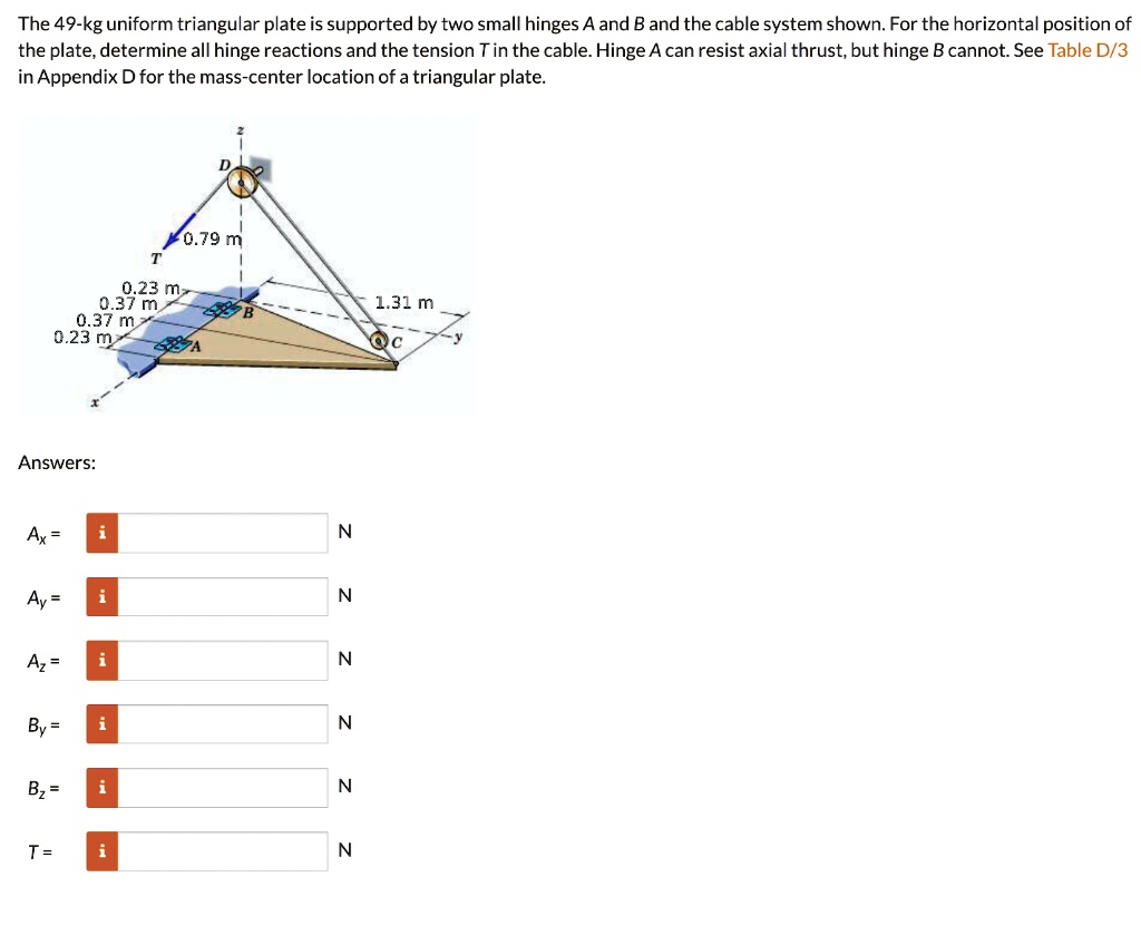 The 49-kg uniform triangular plate is supported by two small hinges A ...